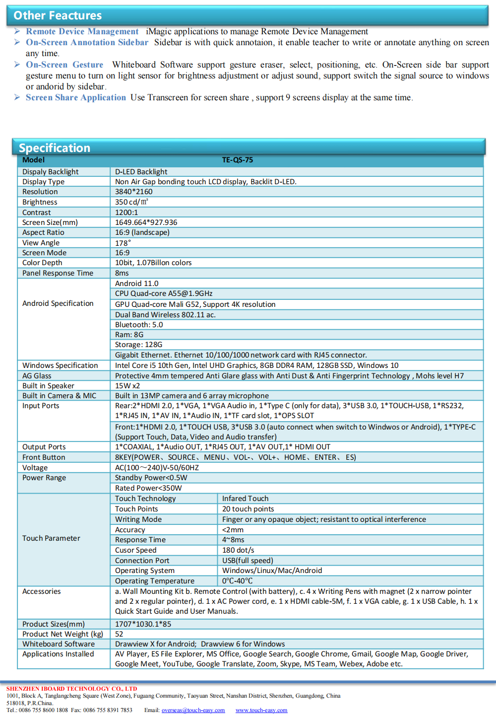 iBoard TE-QS-75/NP Interactive Flat Panel Display_iBoard
